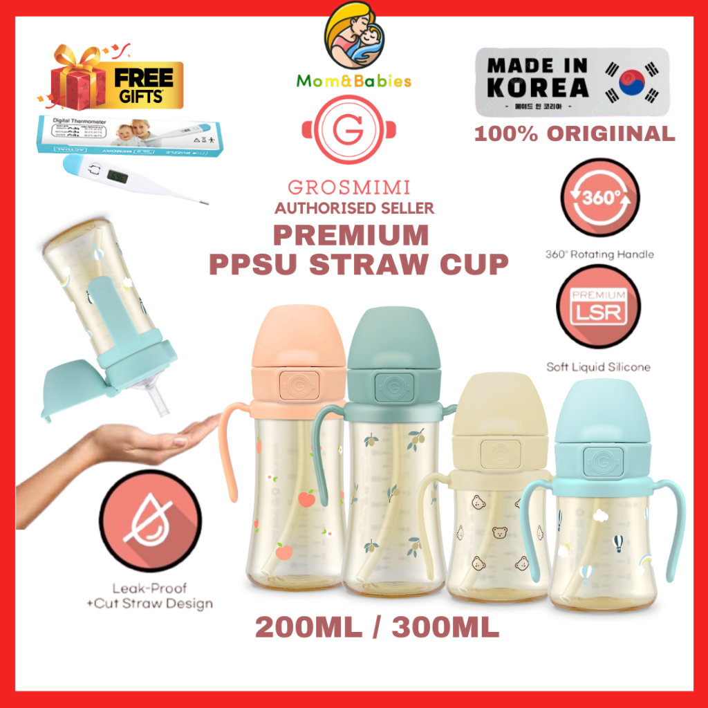 Grosmimi Premium PPSU Straw Cup 200ml / 300ml, Steel- Free One Touch Spill-Proof Cap | Drinking ...