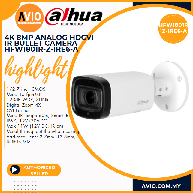 Dahua 4K 8MP 8 Megapixel Motorized Varifocal IP67 Analog Bullet CCTV Camera 60m IR HFW1801R-Z ...