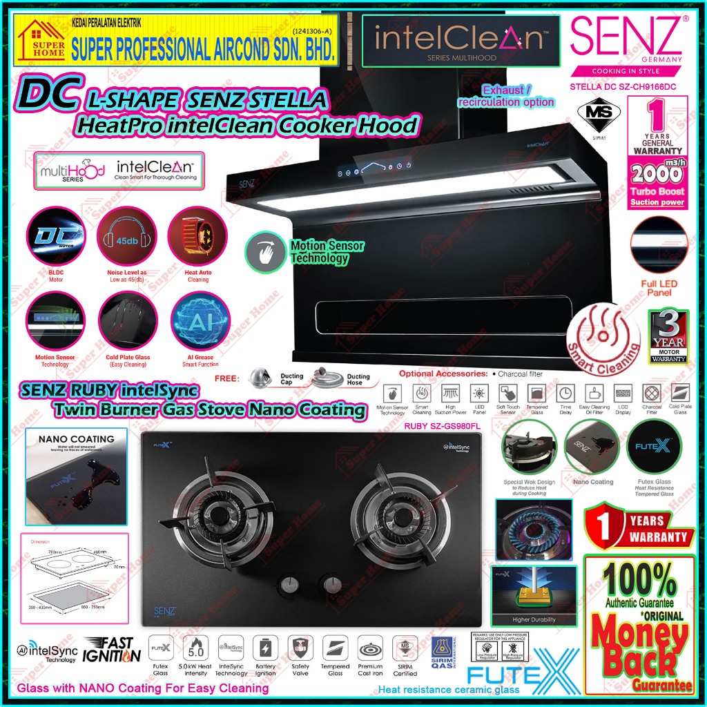 SENZ STELLA DC SZ-CH9166DC DC Motor L-Shape Cooker Hood / SENZ Built-in ...