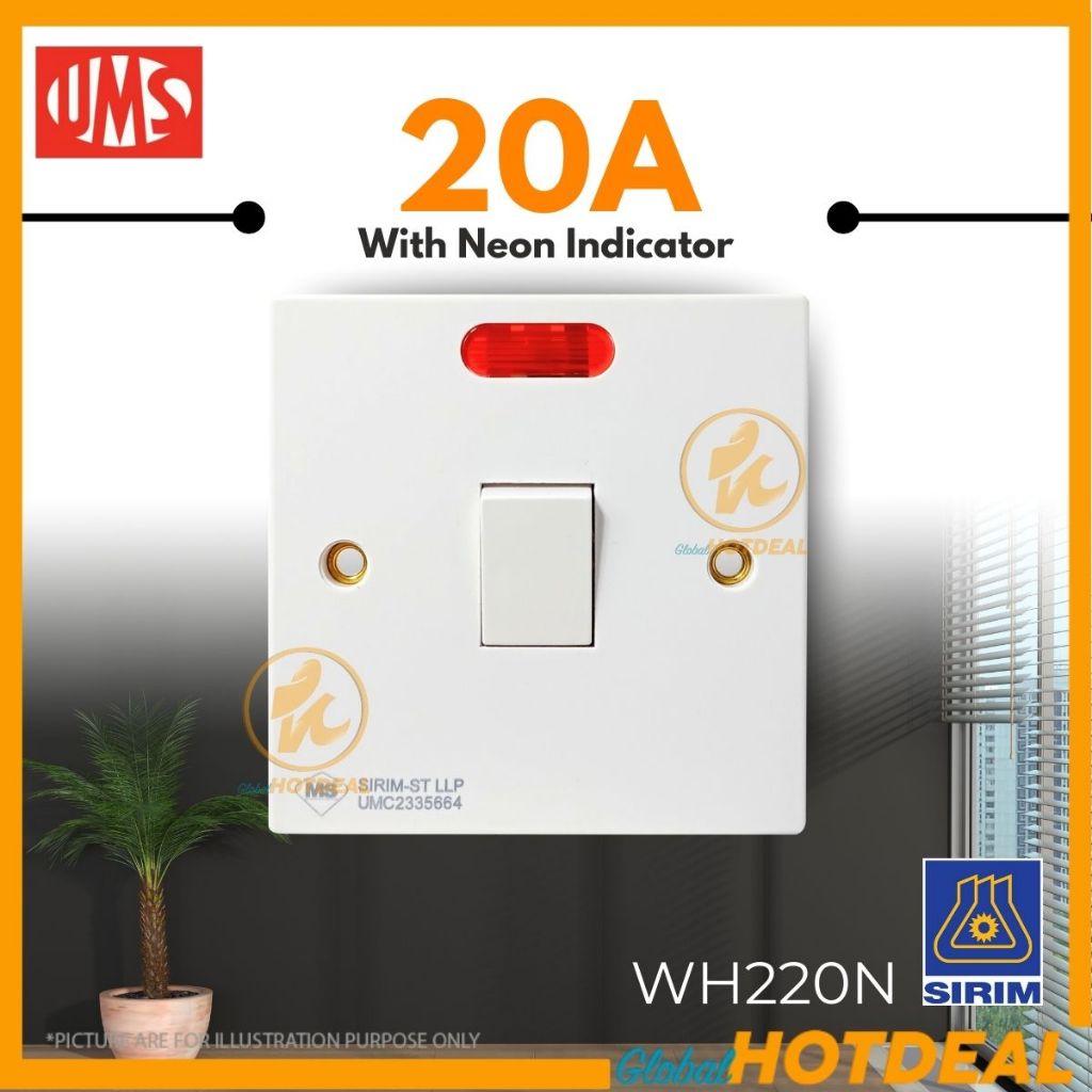 SIRIM UMS 20A 250V AC DP Flush Switch With Neon Indicator WH220N Water Heater Switch Socket Wall ...