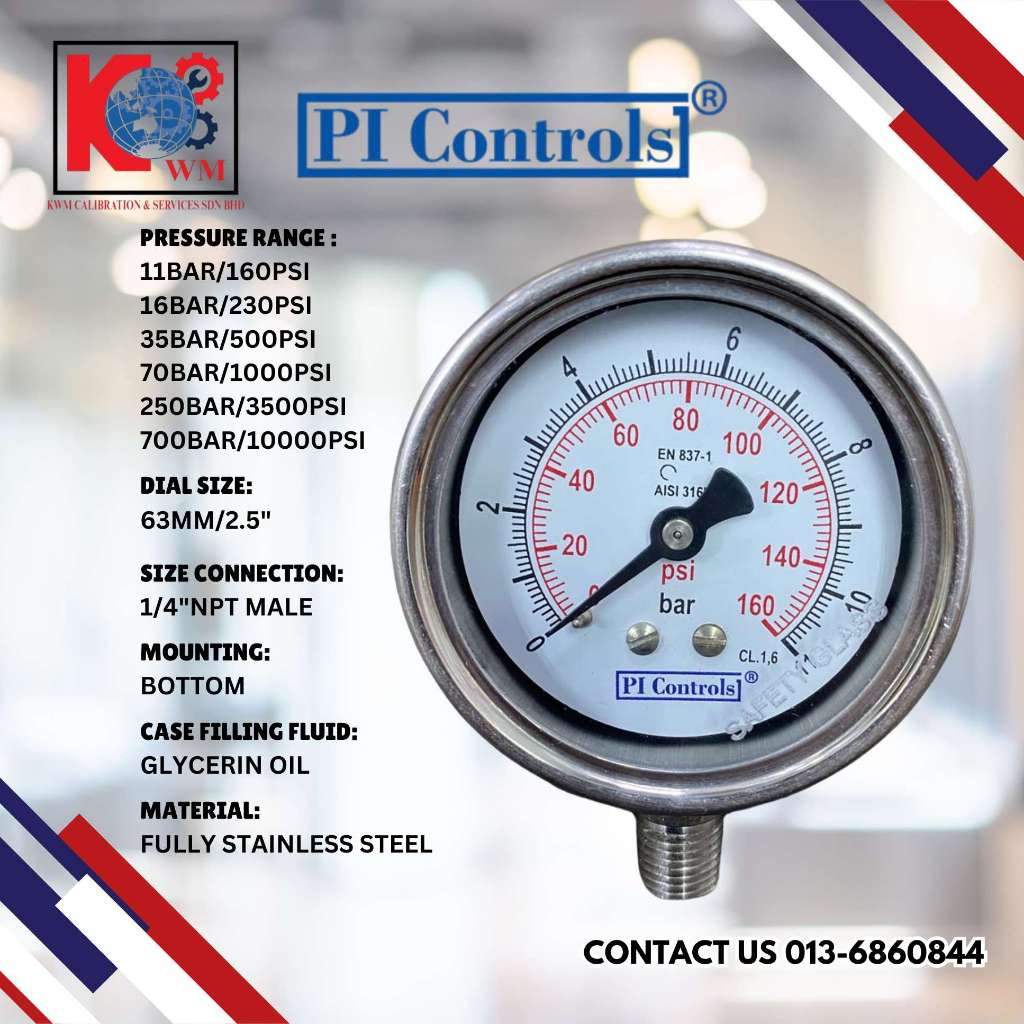 PRESSURE GAUGE PI CONTROLS 2 1/2"/63MM 1/4"NPT MALE BOTTOM FULLY ...