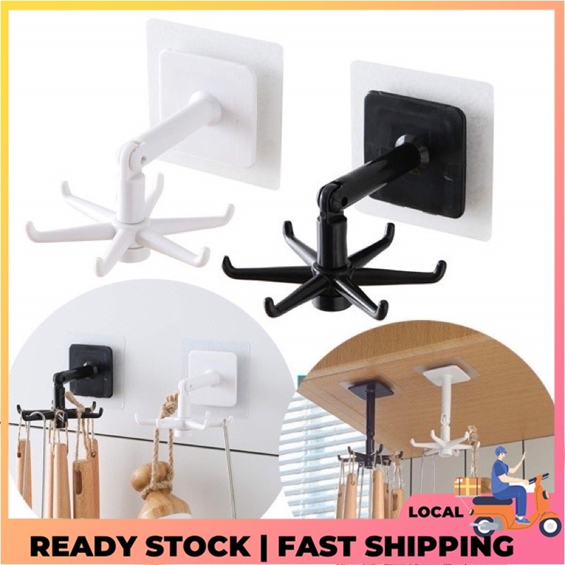 【READY STOCK】Wall-mounted non-perforated 6 hooks rotate 360 degrees ...
