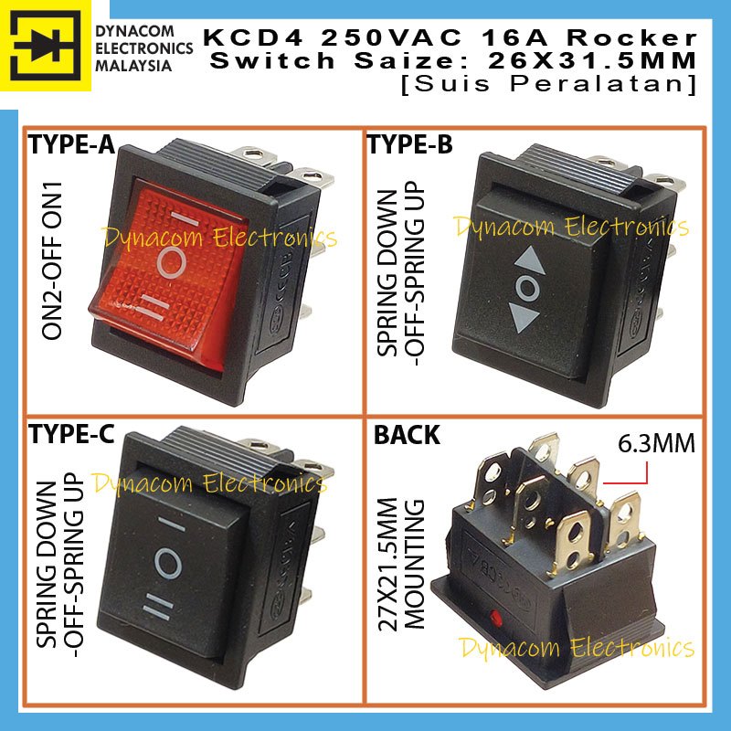 6-Pins 250V 16A DPDT KCD4 Power Rocker Switch For Appliances Switch ...