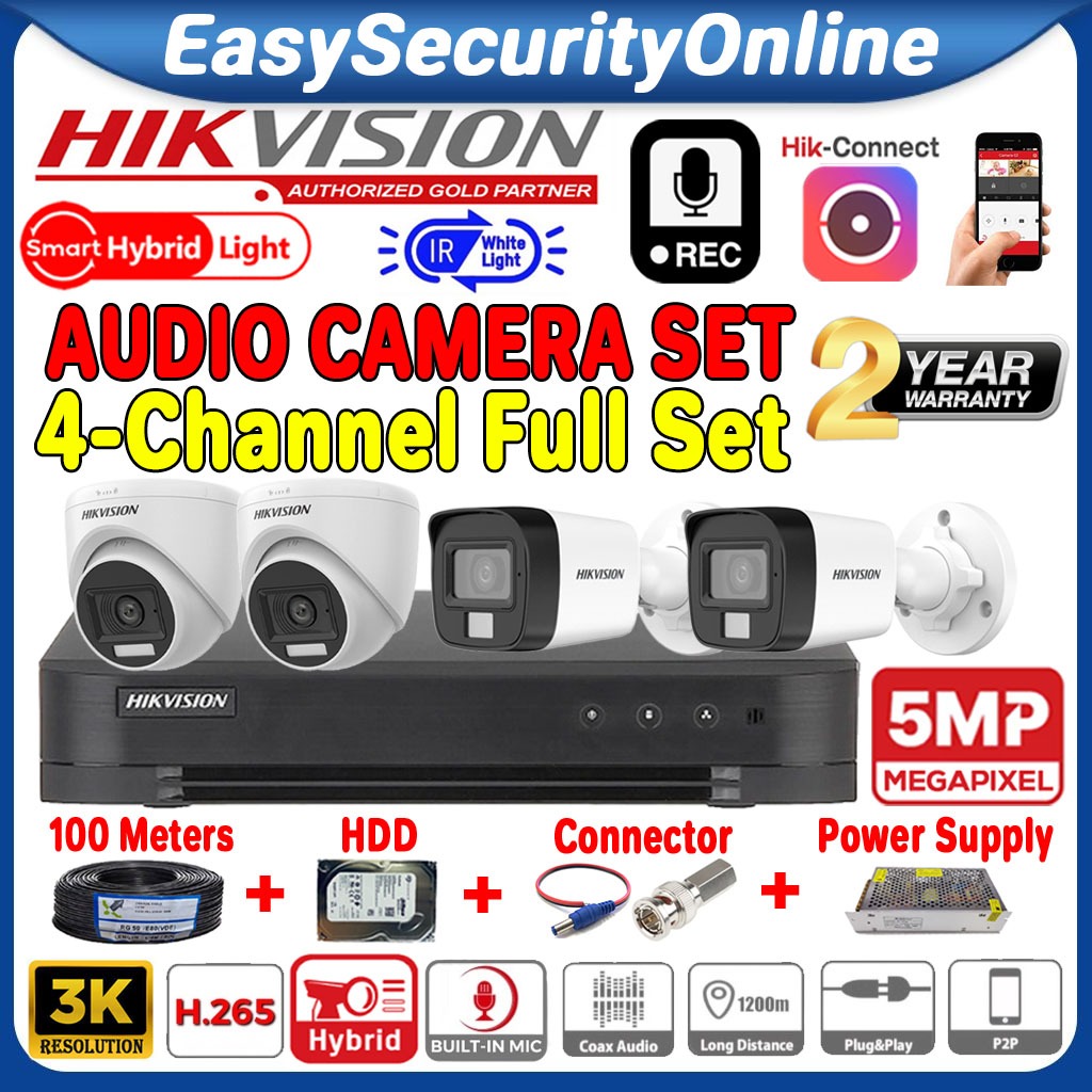 HIK HIKVISION 5.0MP 4CH Smart Hybrid Light Audio FULL COMPLETE SET DVR ...