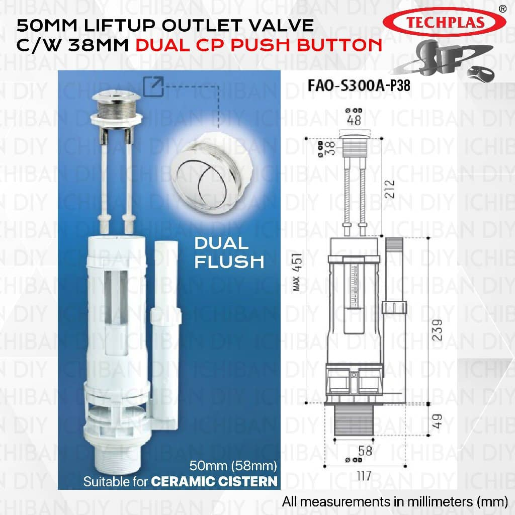 DUAL FLUSH OUTLET VALVE WITH DUAL FLUSH BUTTON, 40MM & 50MM, TECHPLAS ...
