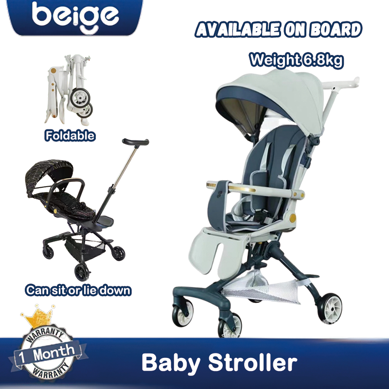 beige Foldable 2 Way Baby Stroller 4 wheels Ultra lightweight Foldable ...