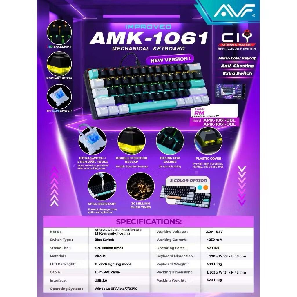 AVF AMK-1061 MECHANICAL KEYBOARD (BLUE) | Shopee Malaysia