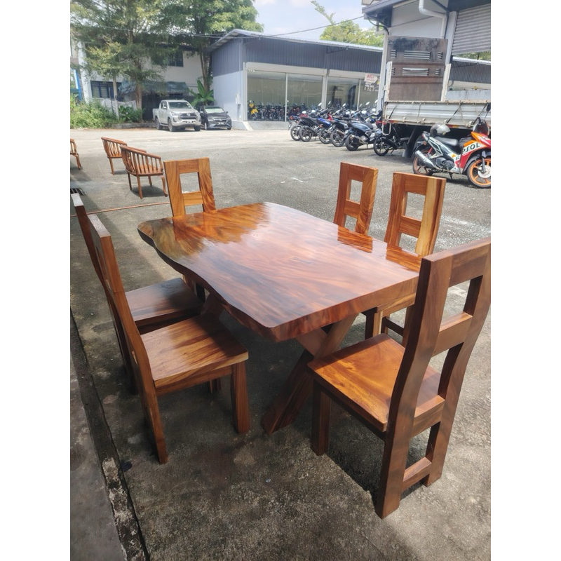 Kayu Jati Slab Wood Dining Table with Chairs Meja Makan 6 Orang Saiz ...