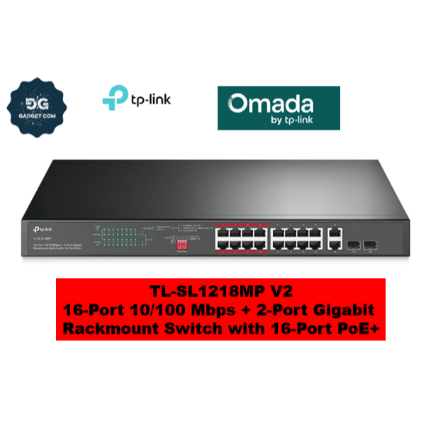 TP-LINK TL-SL1218MP V2 16-Port 10/100 Mbps + 2-Port Gigabit Rackmount ...