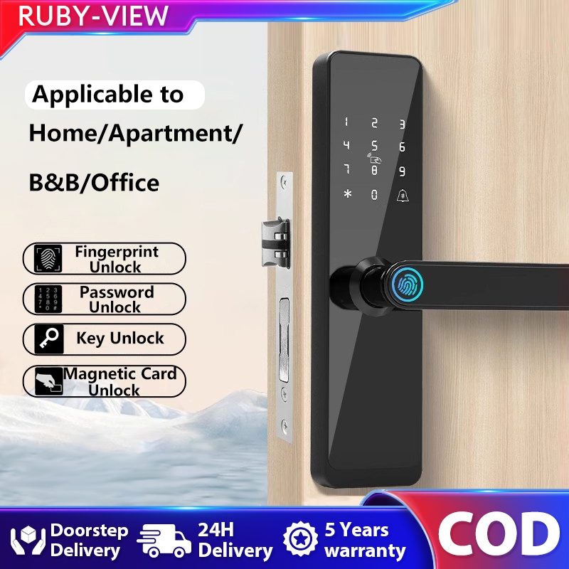 RUBY Smart Door Lock Fingerprint Password Key Card Unlock 4 in 1 Semi-Automatic Security Door ...