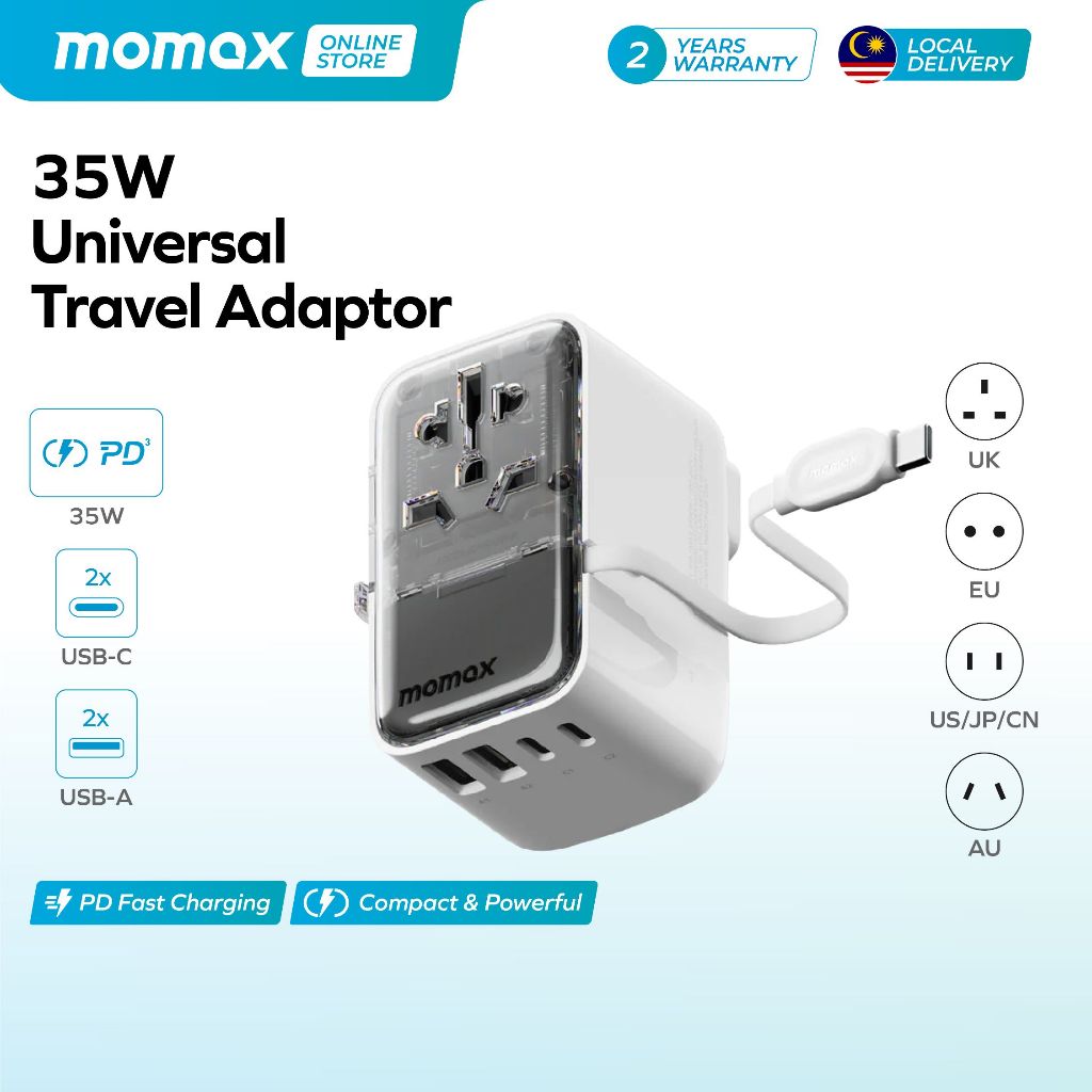 Momax 1-World+ Flow 35W 4-Port w/ Built-in USB-C Cable + AC Travel ...