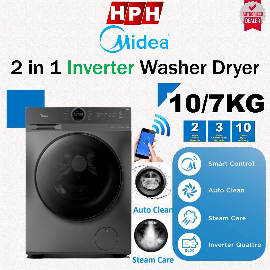 Midea 2in1 Front Load Inverter 10/7kg Washer Dryer MF200D100WB | Shopee ...