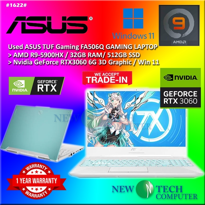 1622 R9 ASUS TUF FA506QM Used Gaming Laptop RYZEN 9-5900HX 32GB 512GB SSD RTX 3060 6G 2K QHD ...