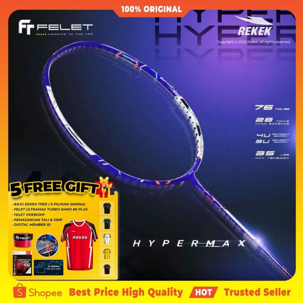 FELET Hypermax Raket Badminton Original Black / Blue / White Pakej Tali ...