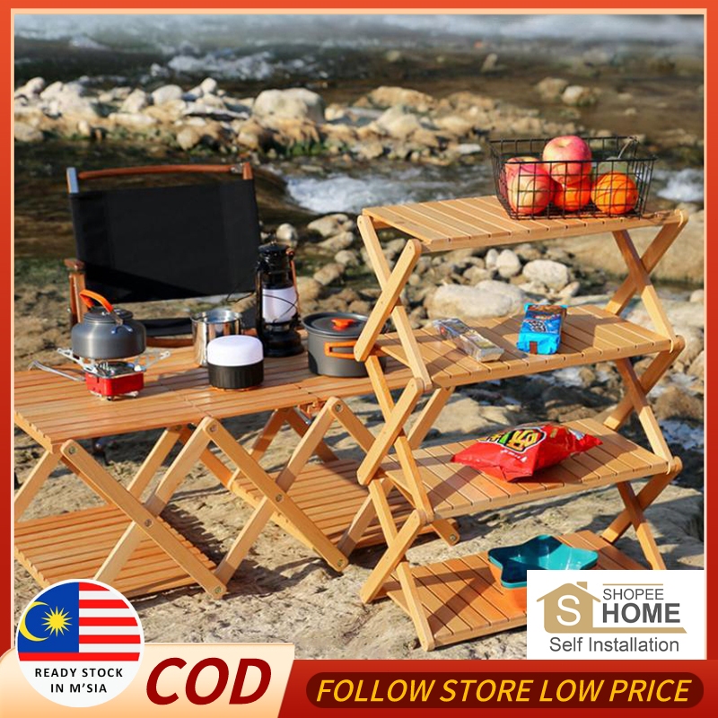 【Ready stock】Outdoor Camping Multilayer Foldable Rack Wood Shelf ...