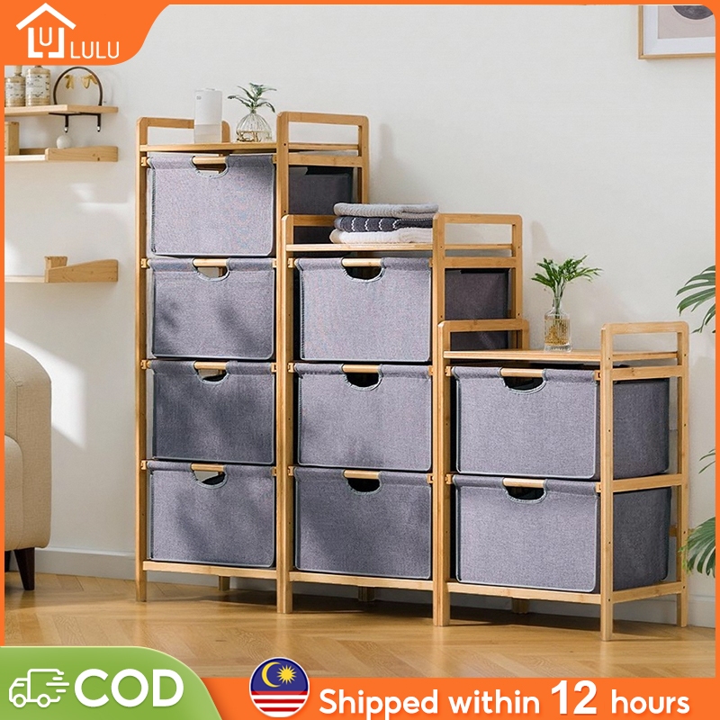 LULU Storage Cabinet Rak Buku Murah 2/3/4 Layers Storage Rack Bamboo ...