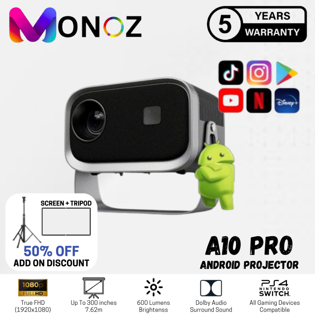Monoz A10 Android 11 Smart LED Projector with 5G Dual WIFi Auto Focus ...