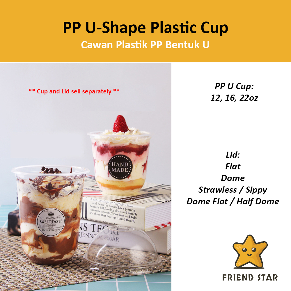 Cawan Plastik / Clear PP U Shape Cup/ PP U-Shaped Cup Mix & Match Lids/ Boba Cup/ Bubble Milk ...