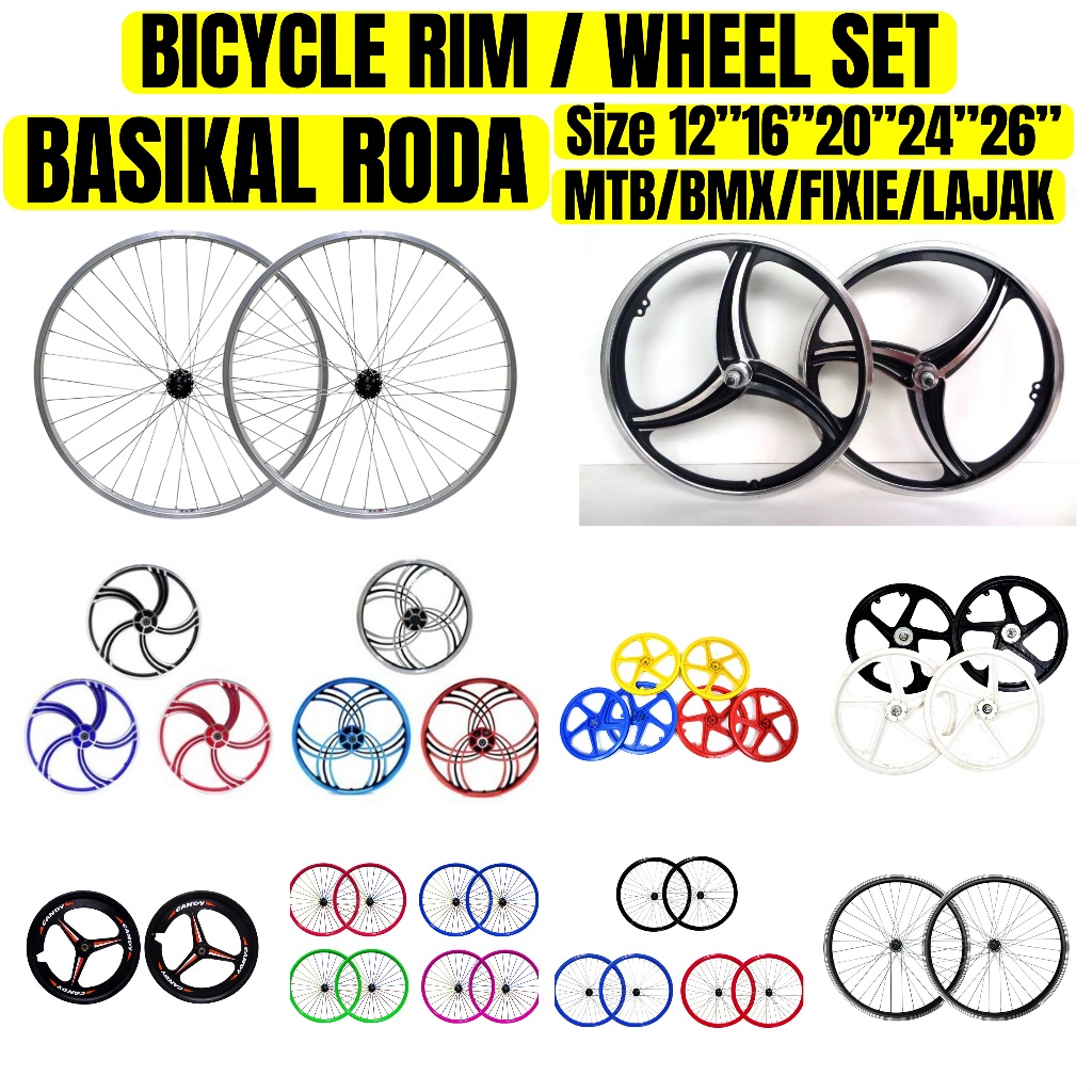 BICYCLE WHEEL SET SPORT RIM RODA BASIKAL 12"-26" STEEL ALLOY PVC WADO ...