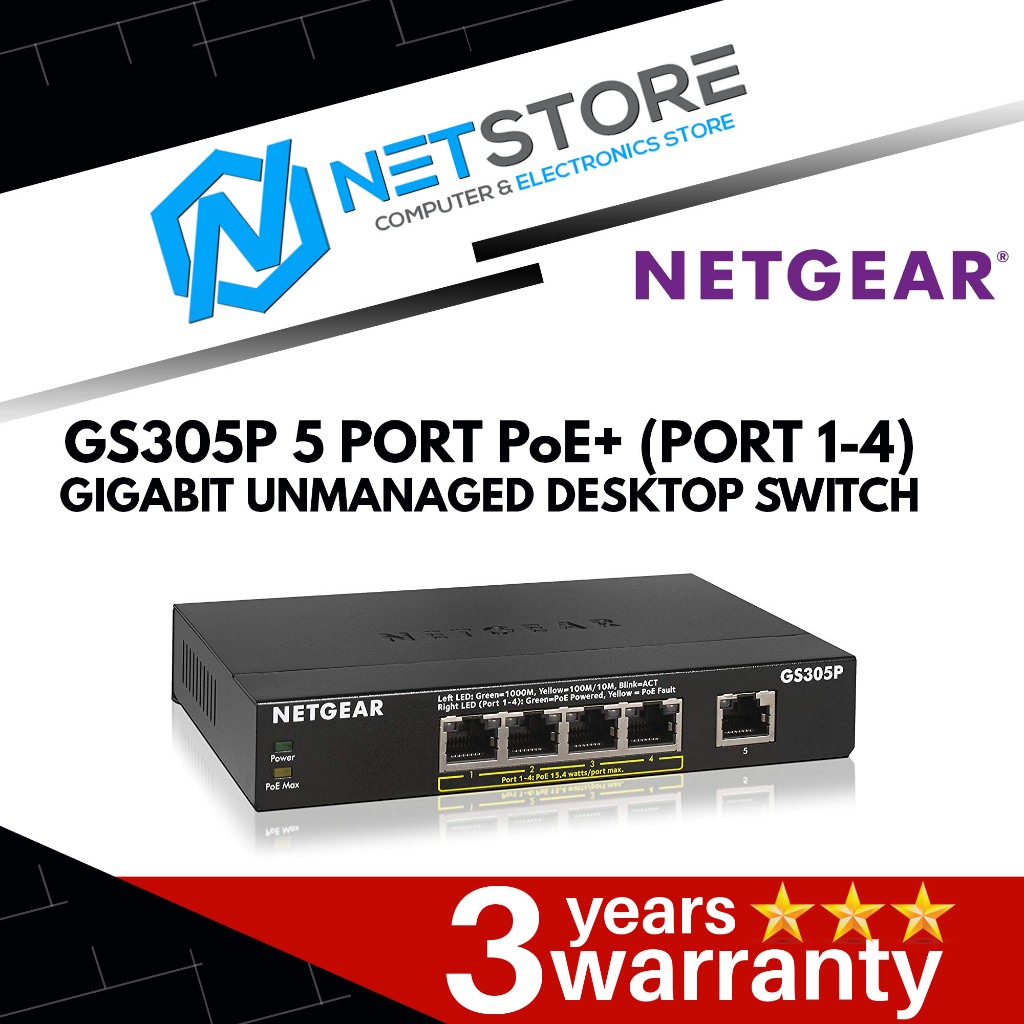 NETGEAR 5-Port Gigabit Ethernet Unmanaged PoE+ Switch (GS305P) - with 4 ...
