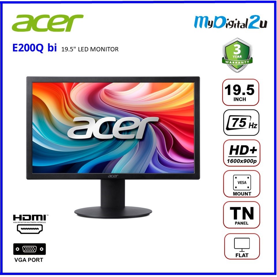 Acer 19.5'' LED Monitor E200Q HD+ LED Backlit Monitor Black ( HDMI, VGA, 3 Yrs Wrty ) | Shopee ...