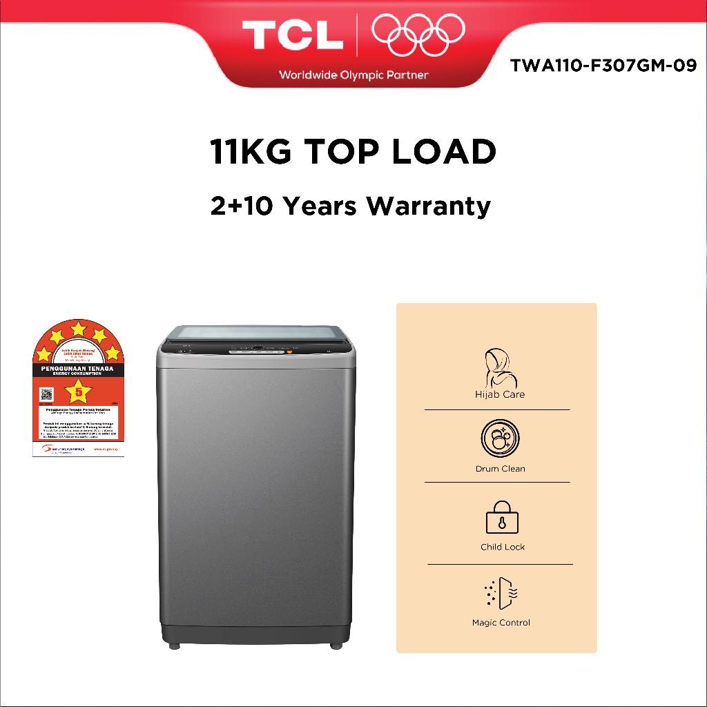 TCL 11kg Magic Filter Hijab Mode 5 Star Energy Saving Top Load Washing Machine Mesin Basuh ...