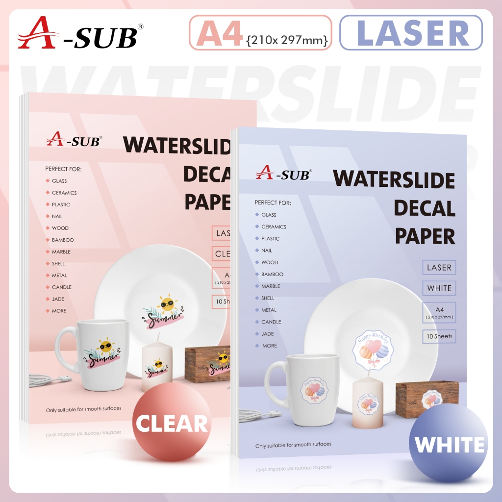 A-SUB Waterslide Decal Paper for Laser Printer Clear&White A4 Printable ...