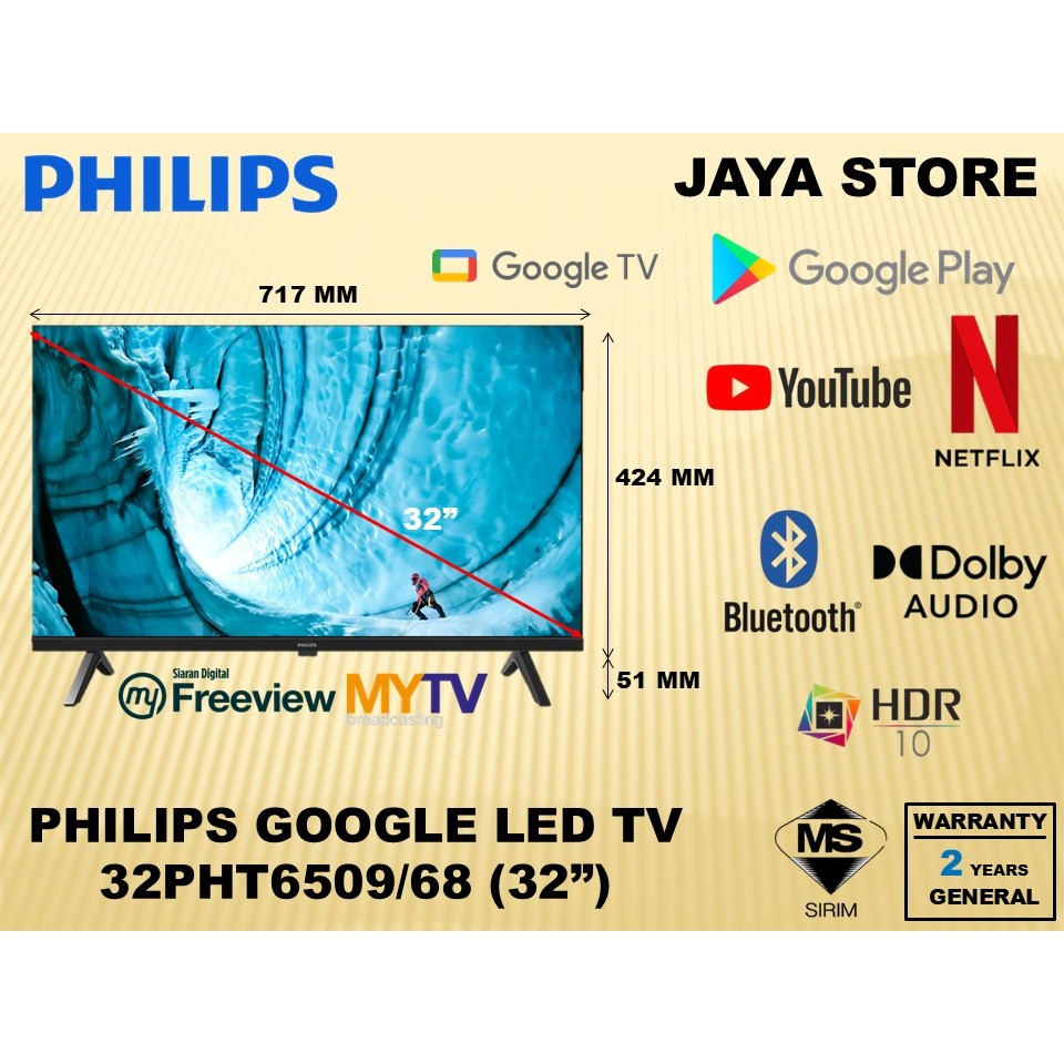 Philips 32" Frameless Smart Google Led Tv 32PHT6509/68 (Foc Hdmi Cable ...