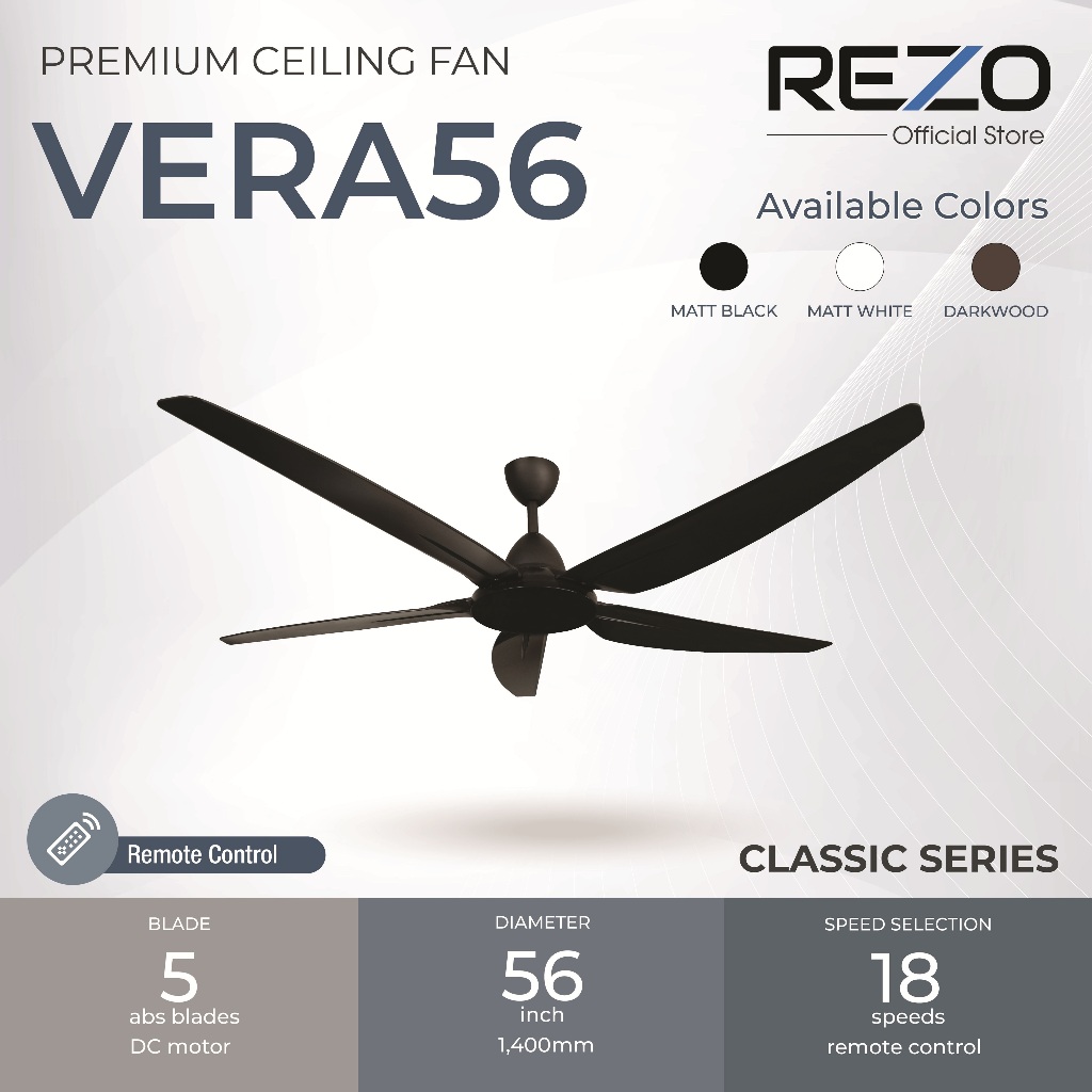 REZO Classic Series 56" 5 Blades DC Motor Ceiling Fan With Remote ...