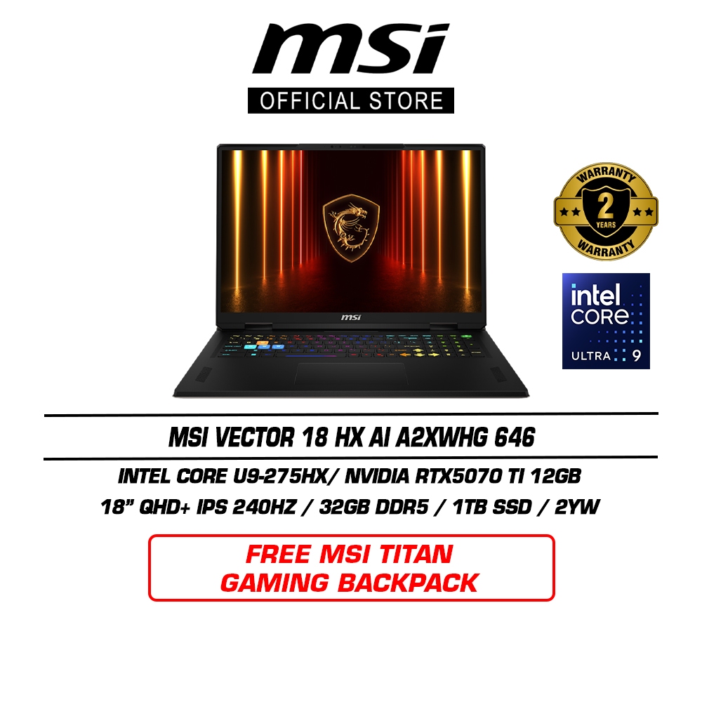 MSI Vector 18 HX AI A2XWHG 646 (18" QHD+ IPS 240hz/ U9-275HX/32GB DDR5 ...