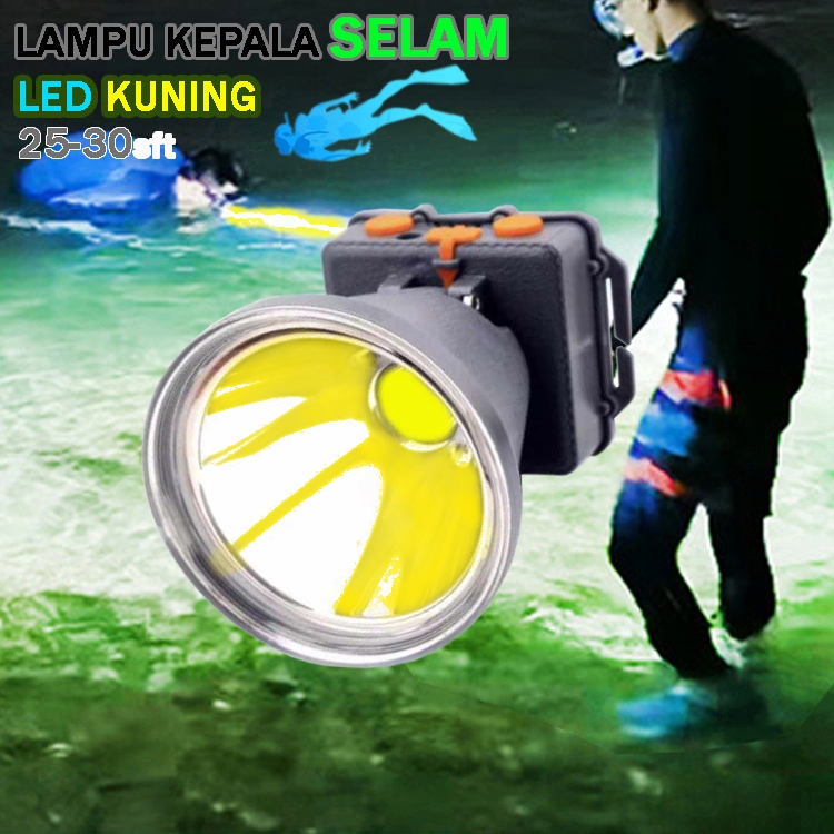 Lampu Kepala Selam LED Kuning Kalis Air 25-30 Kaki Boleh Cas Semula ...