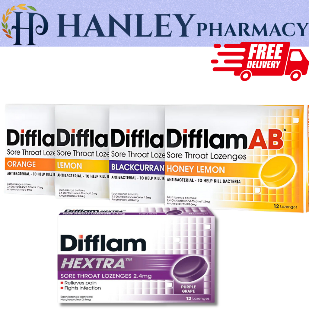 DIFFLAM AB SORE THROAT 12 LOZENGES LEMON/HONEY LEMON/ORANGE ...