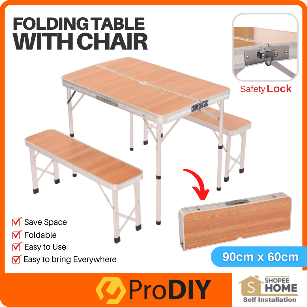 3pcs 90 x 60cm Folding Picnic Table C/W Chair Outdoor Camping Table Set ...