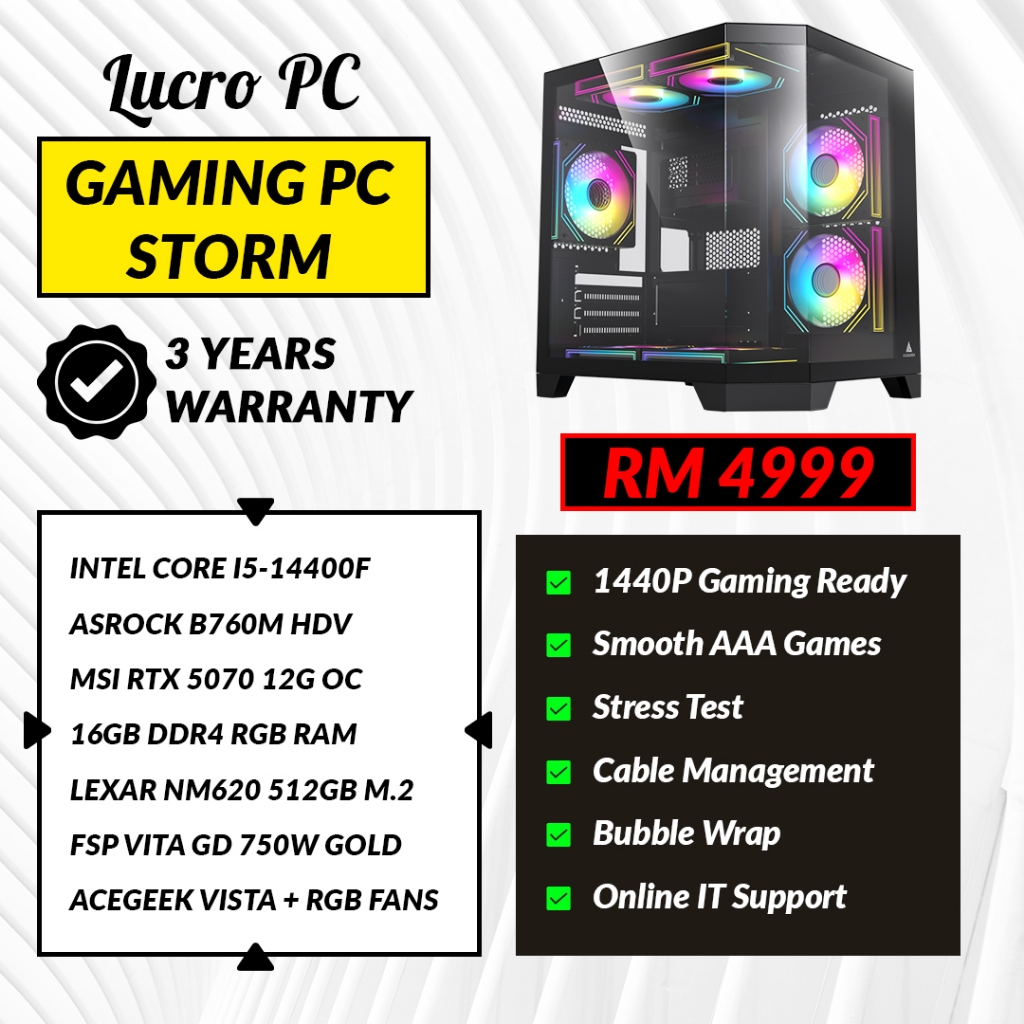 Custom PC Gaming PC STORM - Intel i5-14400f / RTX 5070 / 16GB RAM / 512 ...
