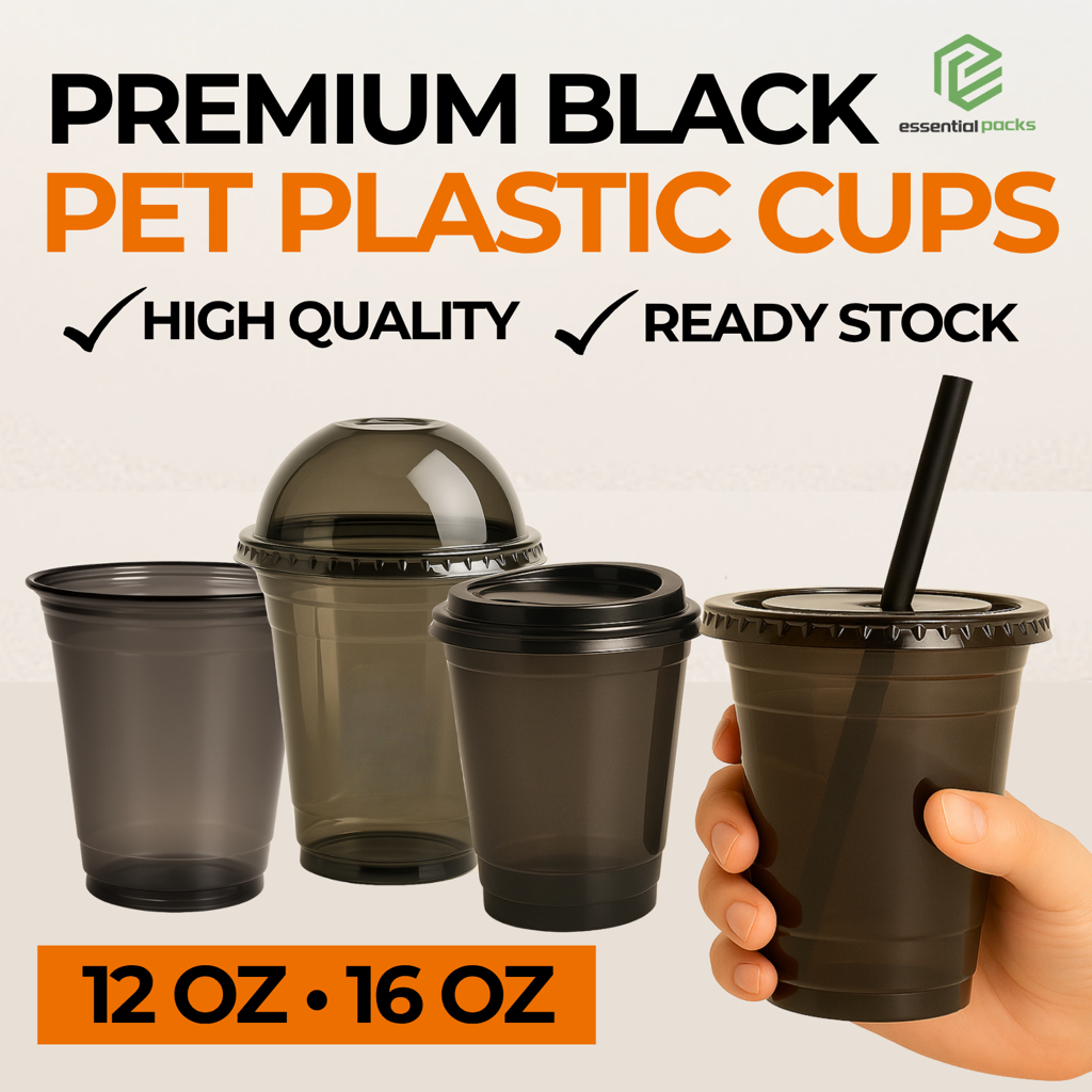 [READY STOCK] Black PET Plastic Cup Flat Dome Lid Premium Thick ...
