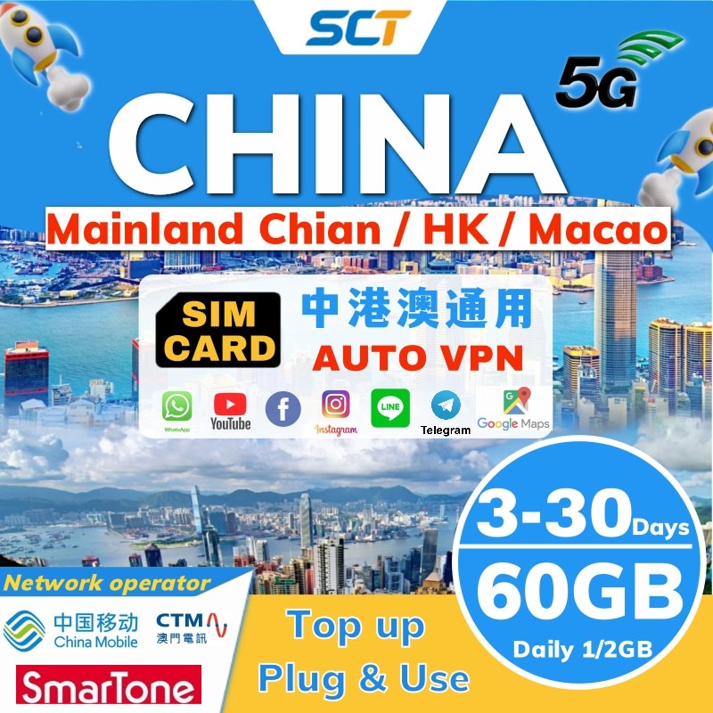 Mainland CHINA Hongkong Macao Sim Card Auto VPN 3~30days Unlimited Internet 中国大陆香港澳门 4G/5G sim卡 ...