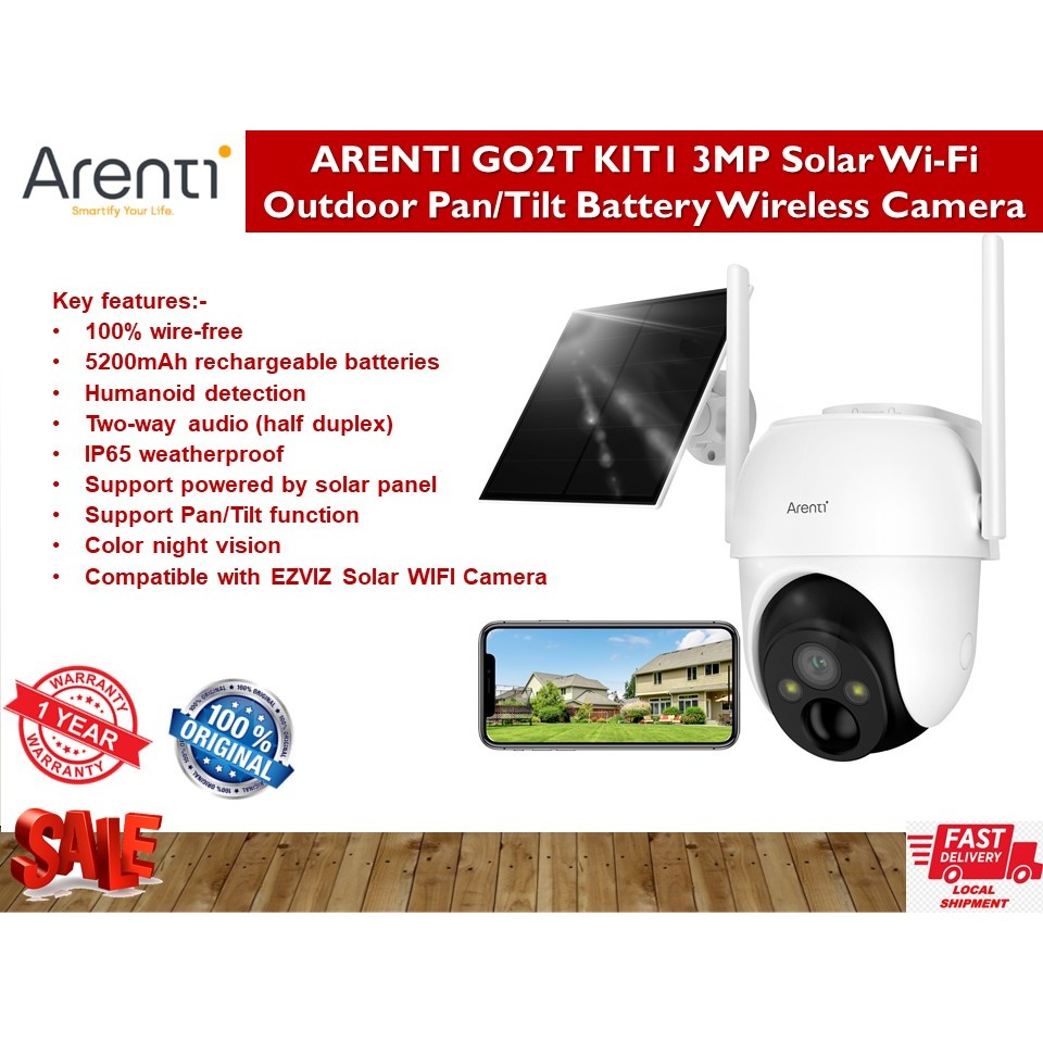 ARENTI GO2T KIT1 3MP Solar Wi-Fi Outdoor Pan/Tilt Battery Wireless ...