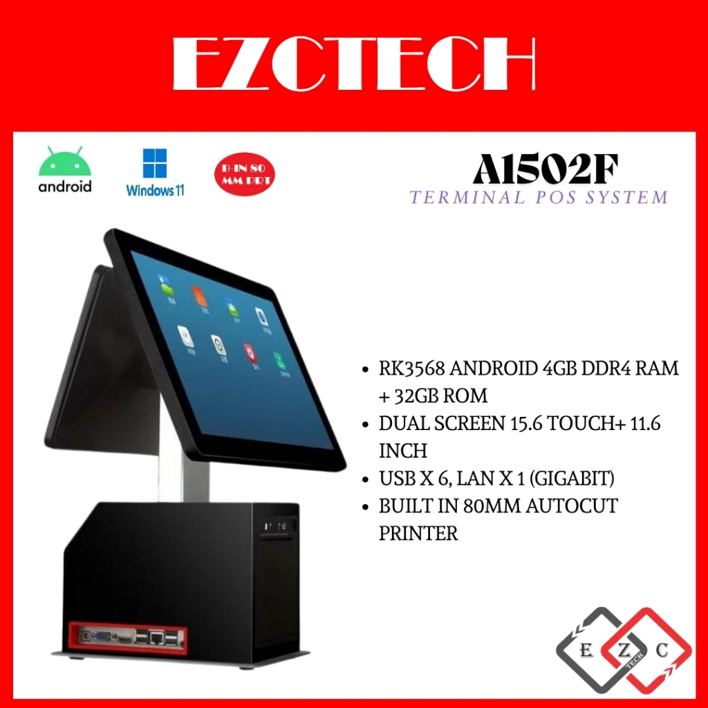 EZCTECH A1502F ANDROID 11 15.6+11.6 DUAL SCREEN ALL IN ONE TERMINAL POS ...