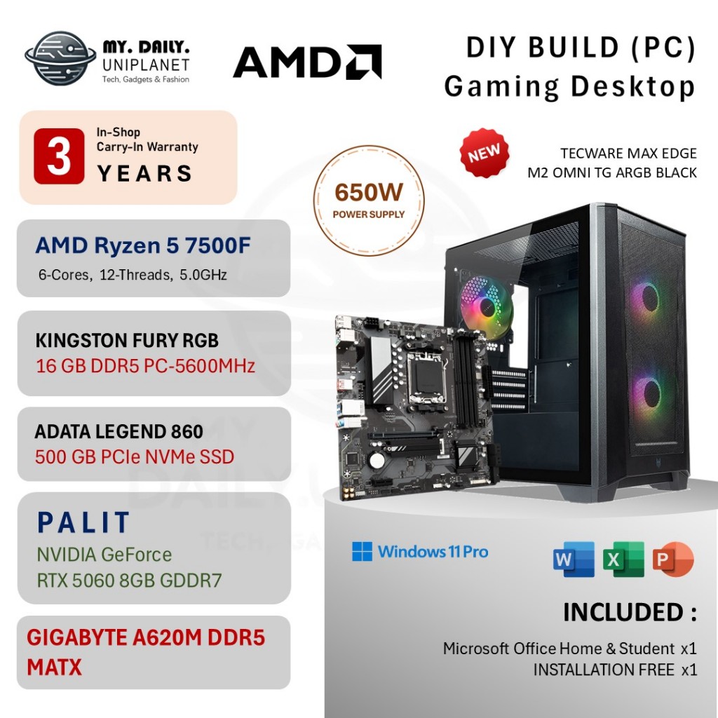 (MY).UNI DIY CUSTOMIZE GAMING PC PACKAGE ( AMD R5-7500F, 16GB DDR5 RAM, 500GB SSD, NVIDIA ...