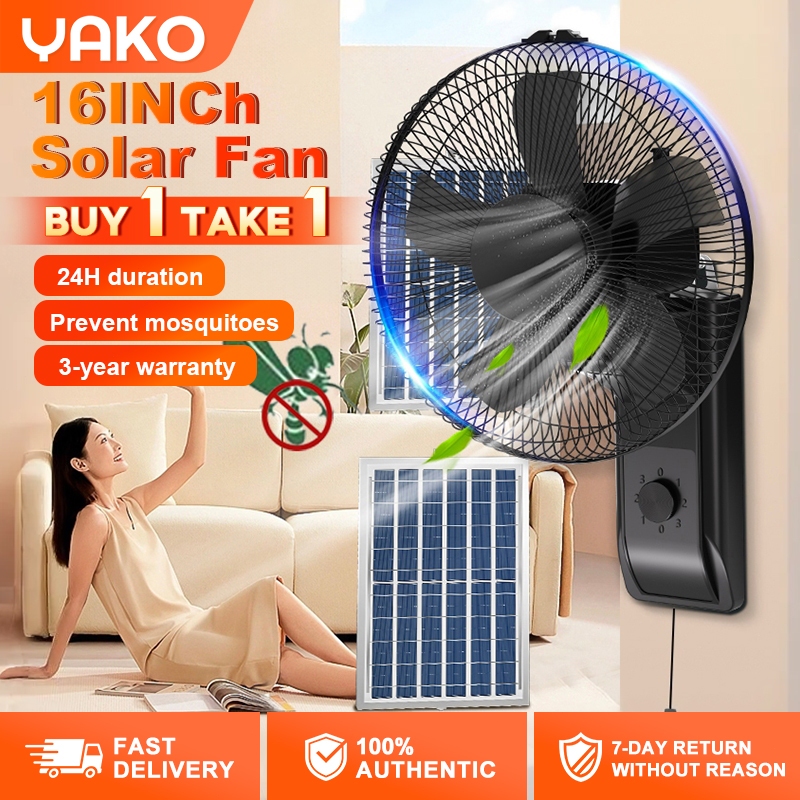 YAKO Kipas Solar dinding 16 Inch 5 Blades 3 Speed Strong Wind 4S Motor ...