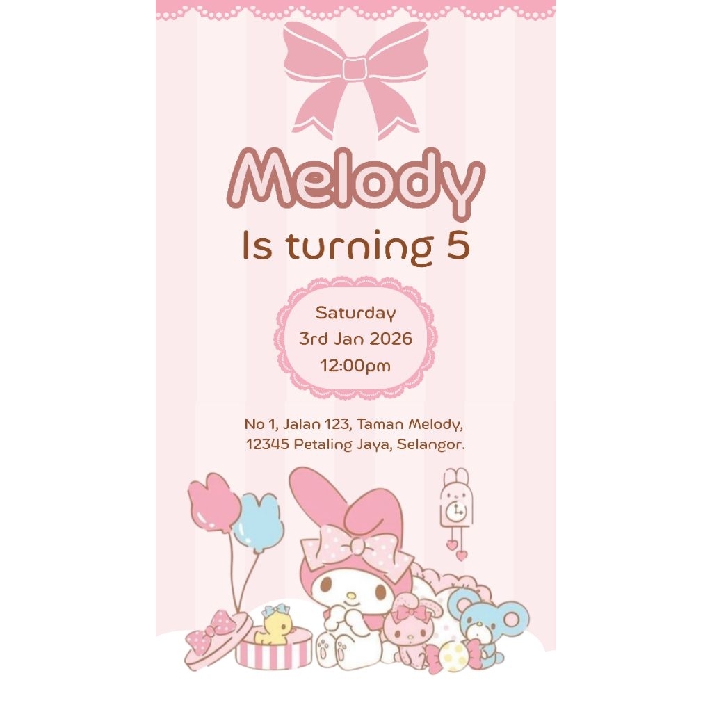My Melody Birthday Invitation Card - Digital Invitation - E-Card Design ...