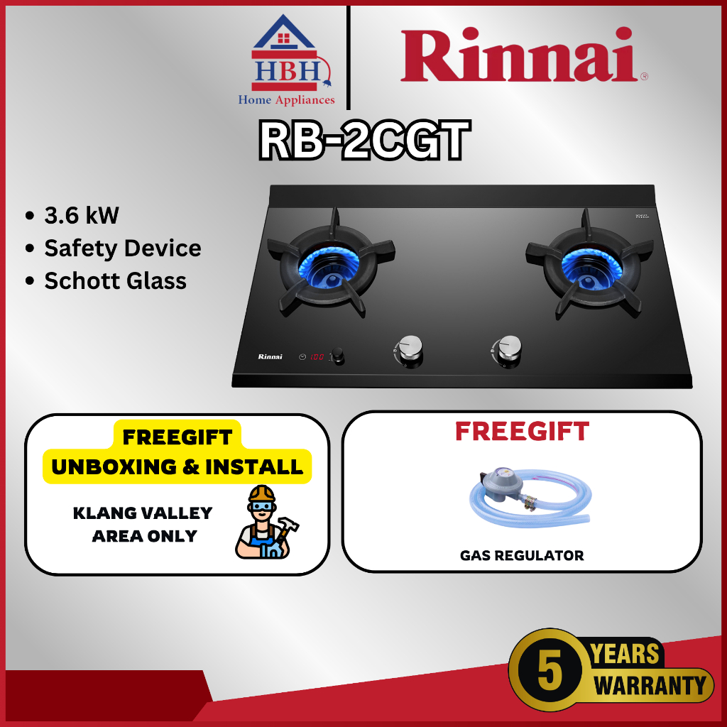 (FREE INSTALL) Rinnai RB-2CGT | 2-Inner Burner Built-in Gas Hob (Glass) | 3.6kW Gas Input ...
