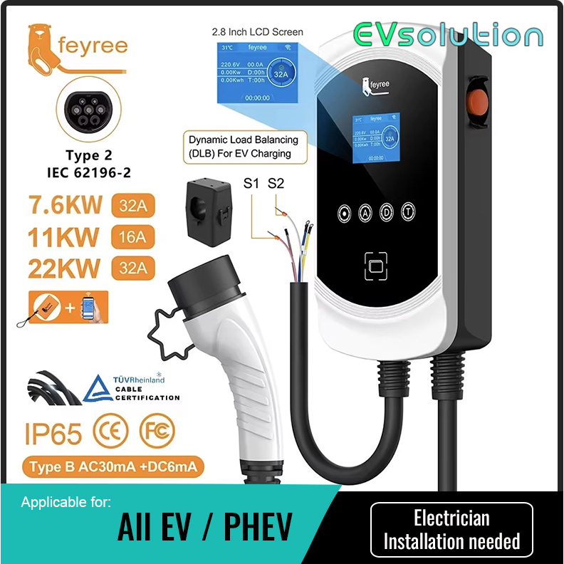 Feyree Wallbox EV Charger 7kW 11kW 22kW 5 meter Length 2.8" LCD screen ...