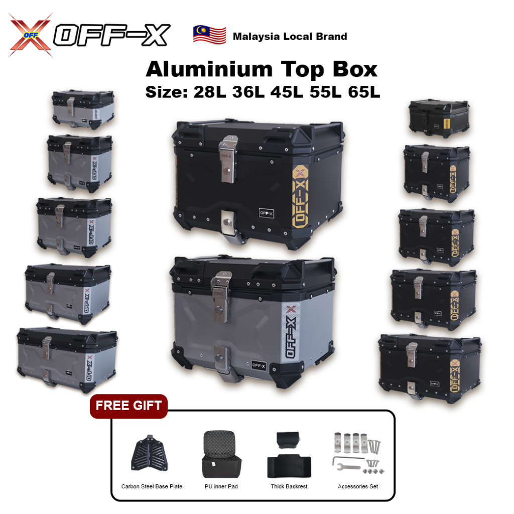 OFF-X Aluminium Motorcycle Top Box (28L/36L/45L/55L/65L) - Free Back ...