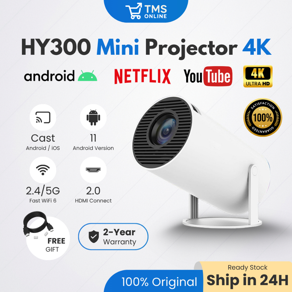 TMS HY300 Mini Projector Android 11 Smart 4K WiFi 6 Bluetooth Portable ...
