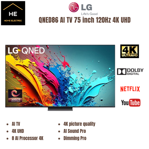LG QNED86 75 inch 4K 120Hz HDR10 AI Smart TV Televisyen 75QNED86TSA ...