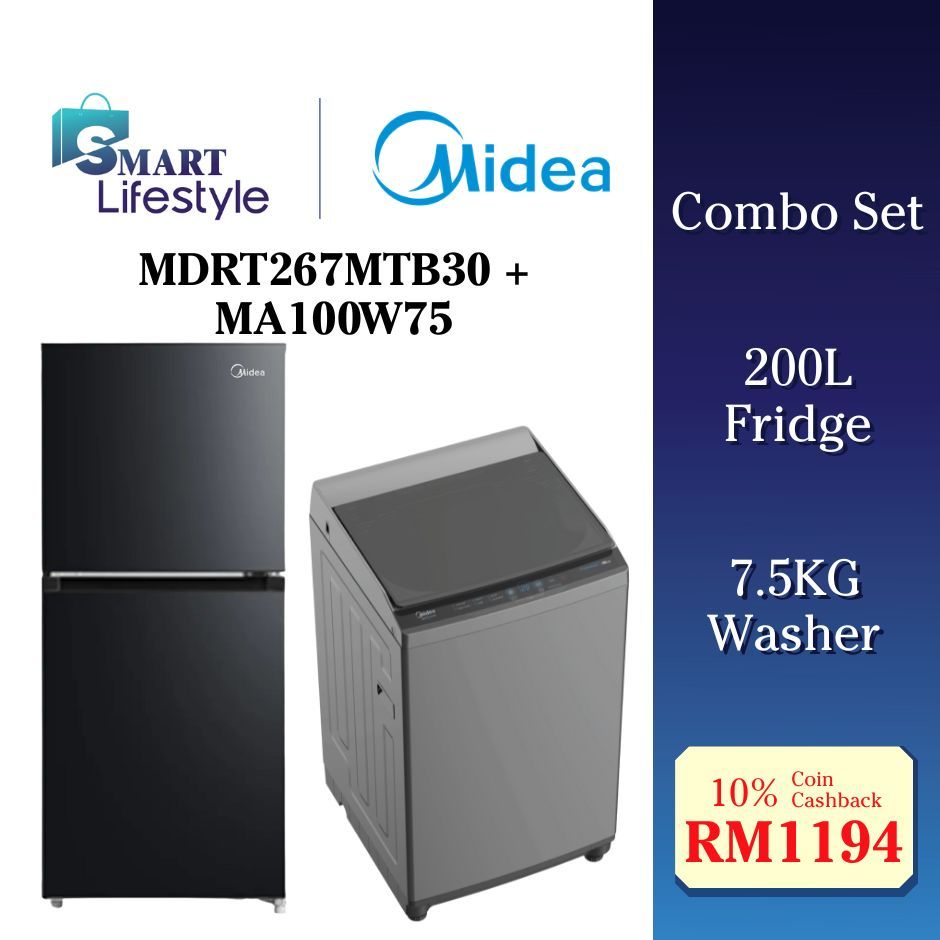 【COMBO】Midea 200L Refrigerator MDRT268MTB28/267MTB30 + 7.5KG Washer MFW ...