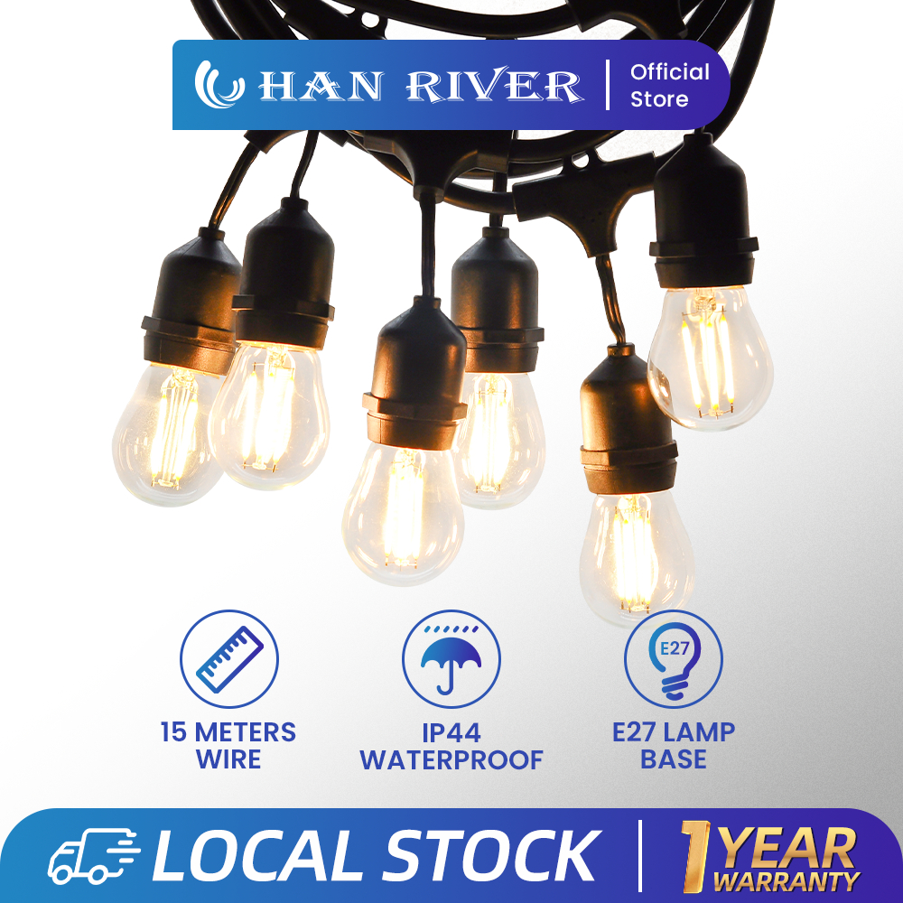 HAN RIVER 48FT Outdoor String Light 15 PCS 2W Warm Bulbs Waterproof ...