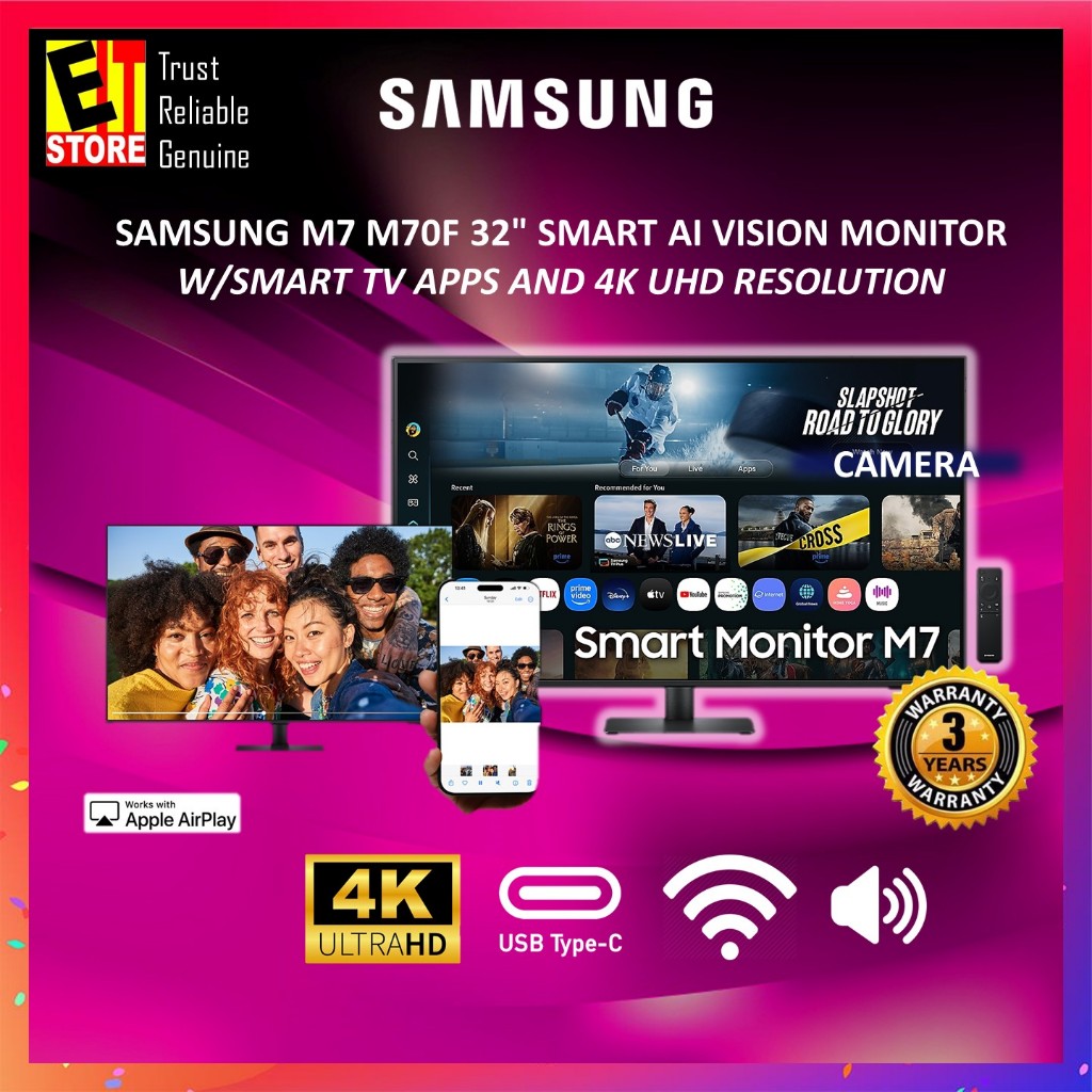 SAMSUNG 32" M7 M70F AI VISION SMART MONITOR (4K UHD/ WIFI, Bluetooth/ TV APPS/ ANDROID/IOS ...