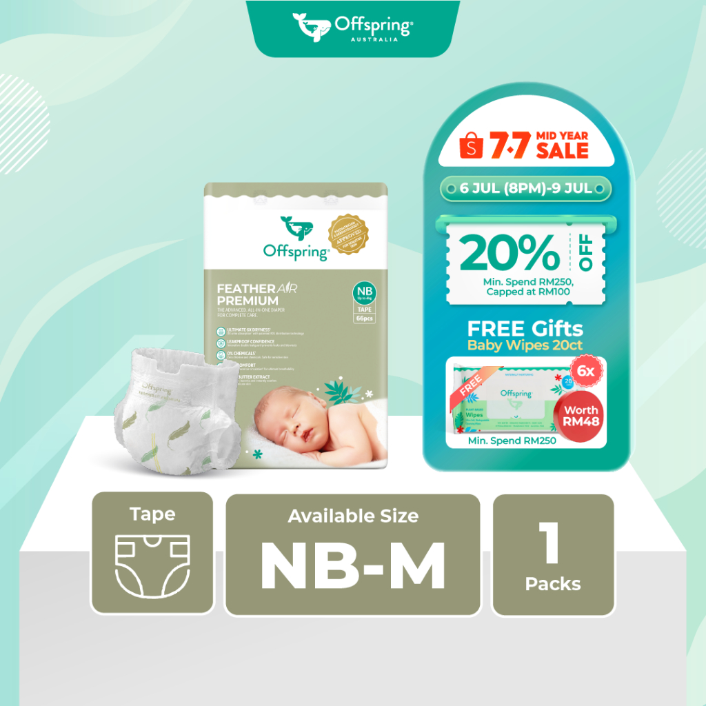 Offspring FeatherAir Premium Baby Diapers Tape NB66/S56/M48 | FeatherAir Premium Lampin Bayi ...